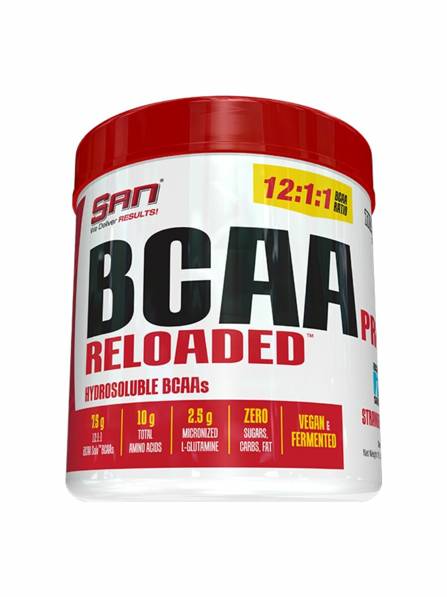 SAN BCAA Pro Reloaded 12:1:1, БЦАА с L-глютамином, Аминокислоты для набора мышечной массы, похудения и выносливости, порошок 456г со вкусом клубника-киви