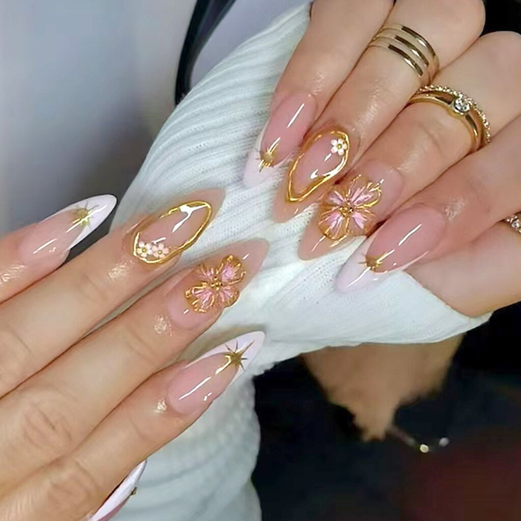 24шт Миндальный Пресс На Ноготь Полное Покрытие Наклеивается на Ноготь с 3D Цветочным Шармом Акриловые Накладные Ногти Художественное Украшение Для Маникюра