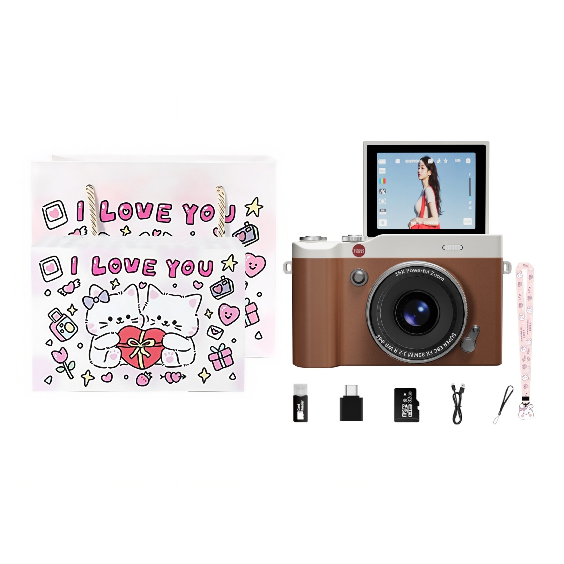 Коричневая зеркальная камера 128ГБ с поворотным экраном, 4K видео, ретро дизайн - включает карту памяти, считыватель, 2