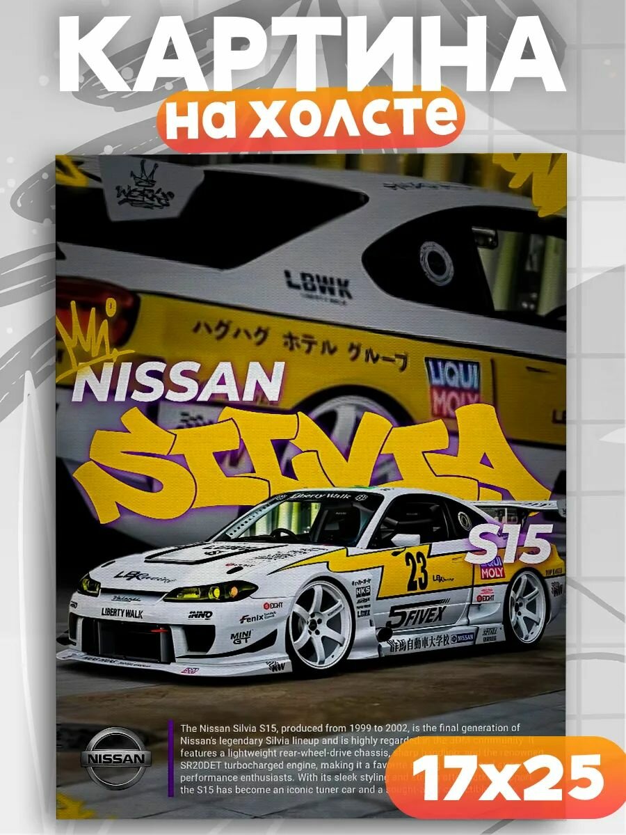 Картина на стену JDM авто Nissan Silvia (S15), на подрамнике, 1шт, 25х17 размер.