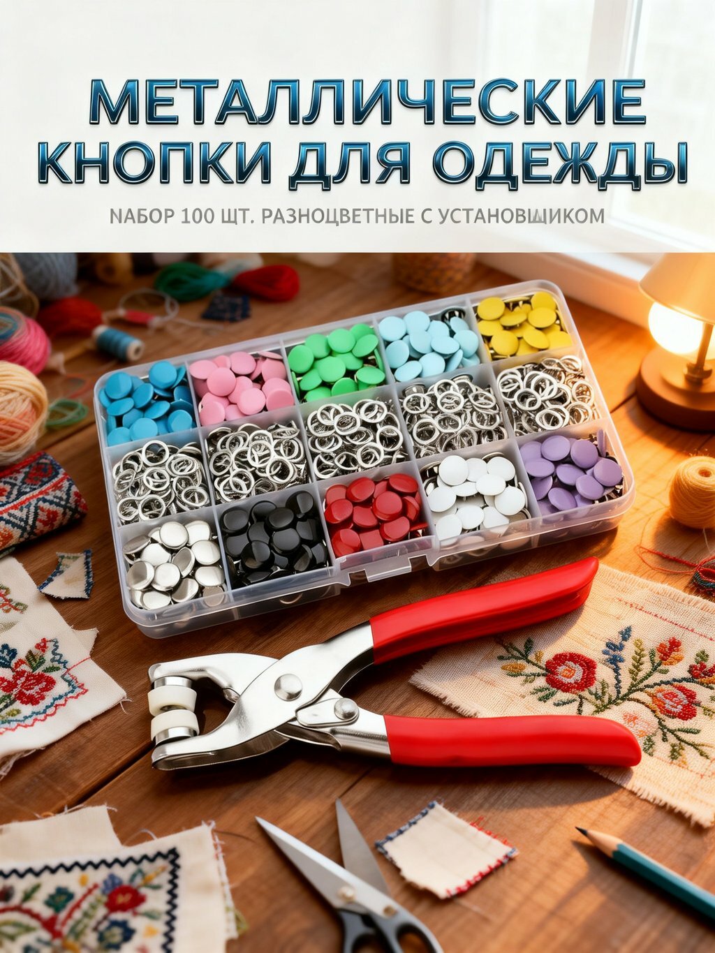 Металлические кнопки для одежды с установщиком, набор 100 шт, разноцветные — фурнитура для застёжки и рукоделия
