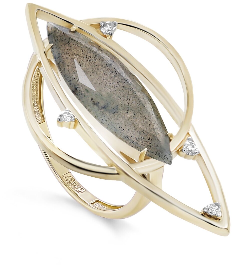 Кольцо, желтое золото, 585 проба, бриллиант, лабрадорит