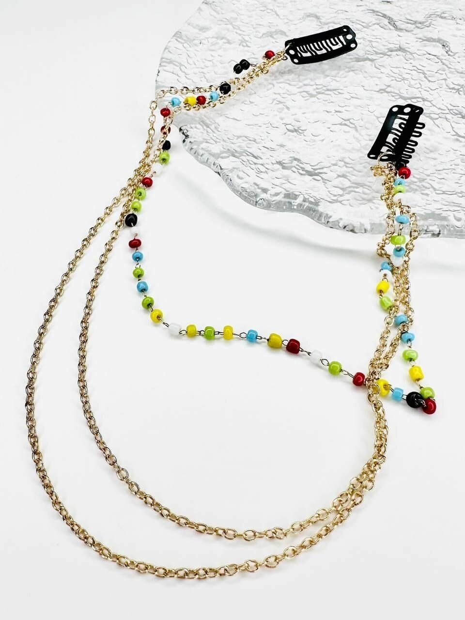 Вечерний аксессуар, украшение для волос, цепочка для волос в стиле Хиппи. Золотая тройная цепочка для волос с разноцветными бусинами и бисером