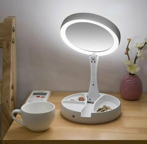Зеркало косметическое с LED-подсветкой KH-3925 / Складное зеркало для макияжа с увеличением 10Х