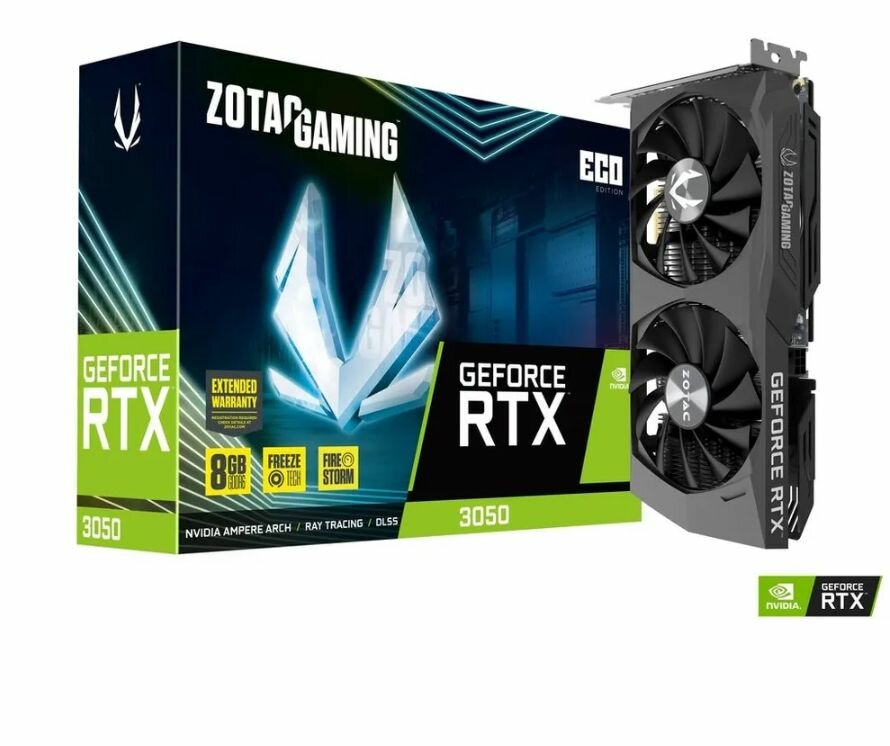 Видеокарта ZOTAC GeForce RTX 3050 ECO (ZT-A30500K-10M) - PCI Express 4.0, 8 ГБ, GDDR6, 192 бит, HDMI, DisplayPort, GPU 1530 МГц