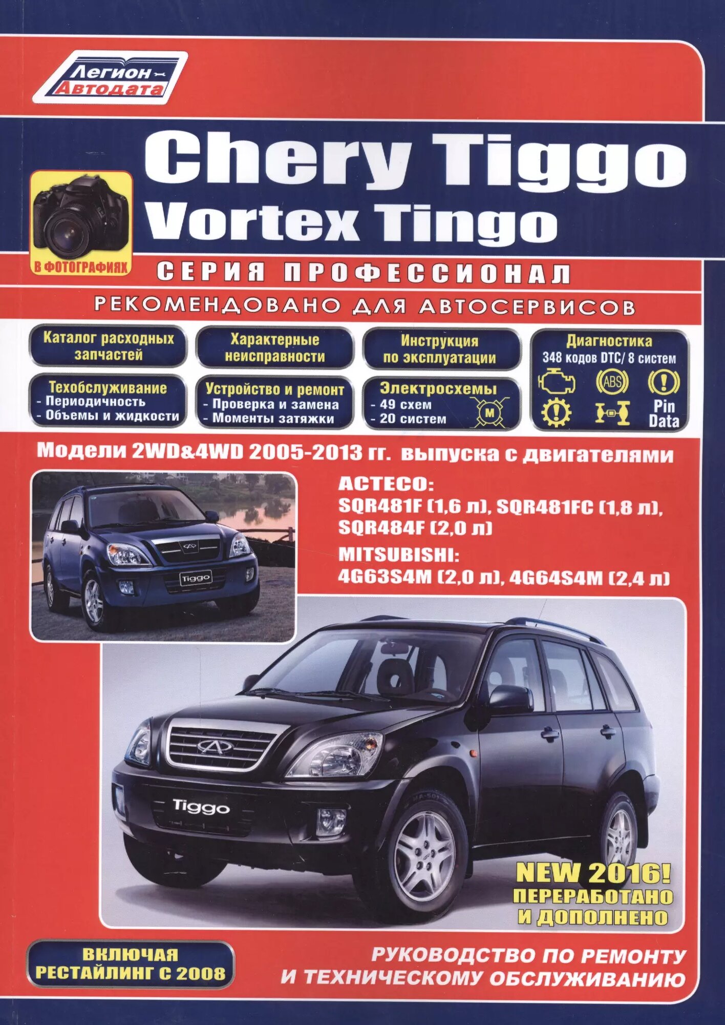 Chery Tiggo. Vortex Tingo в фотографиях. Модели 2WD&4WD 2005-2013 гг. выпуска с бензиновыми двигателями: ACTECO: SQR481F (1,6 л.), SQR481FC (1,8 л.), SQR484F (2,0 л.) и MITSUBISHI 4G63S4M (2,0 л.), 4G64S4M (2,4 л.). Включая рестайлинг с 2008 года