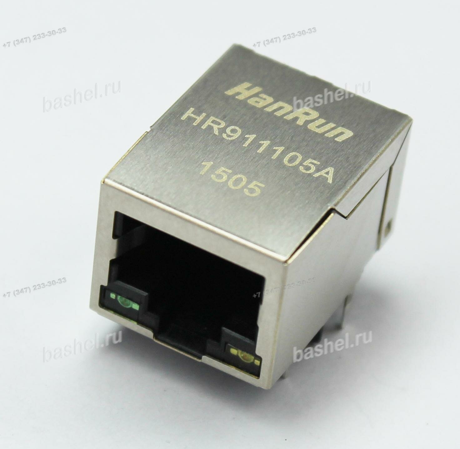 HR911105A, Гнездо компьютерное 8P8C (RJ45), HANRUN, (10/100BASE-T Ethernet, С индикацией, С экраном ЭМП, С трансформаторной развязкой)