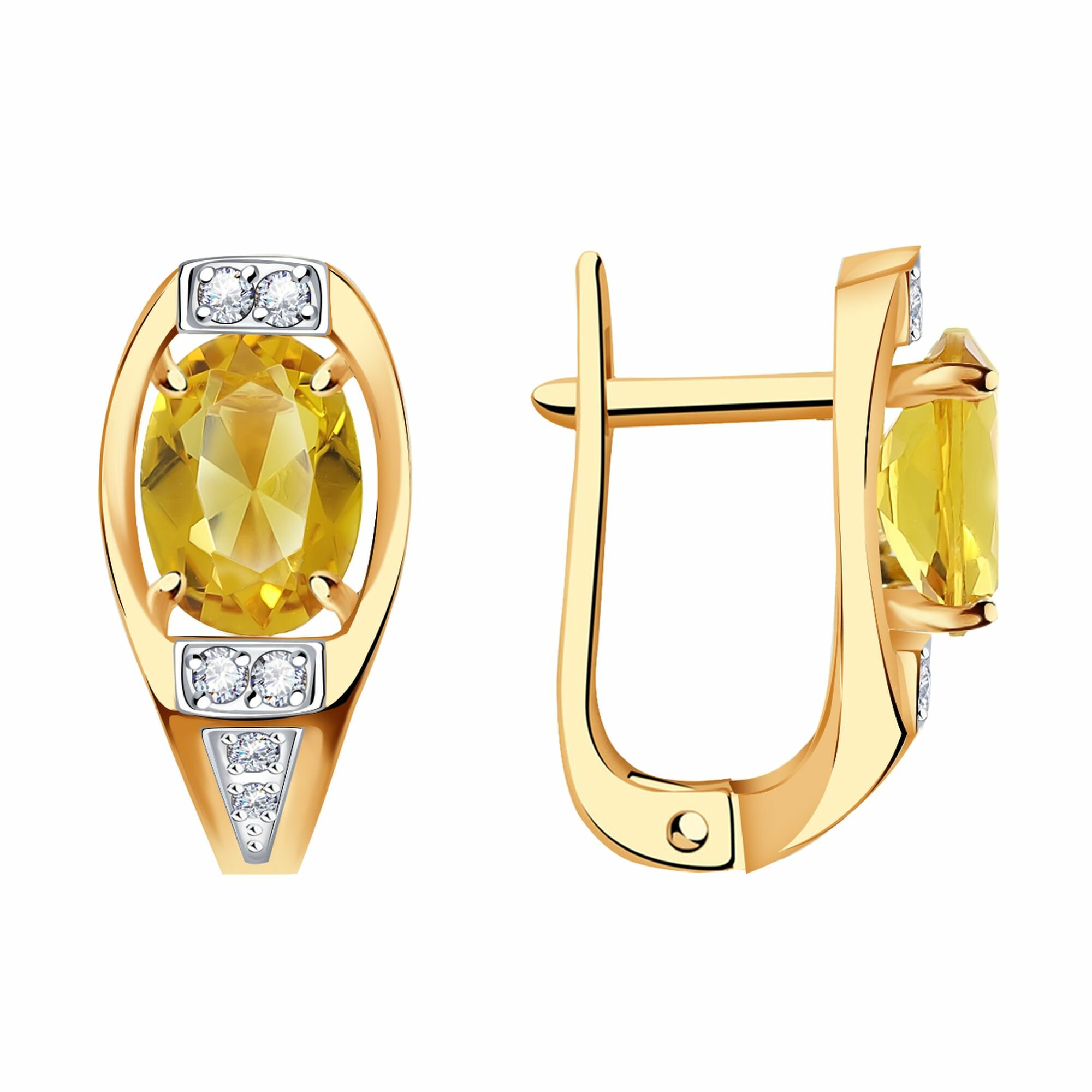 Серьги, красное золото, 585 проба, цитрин, фианит