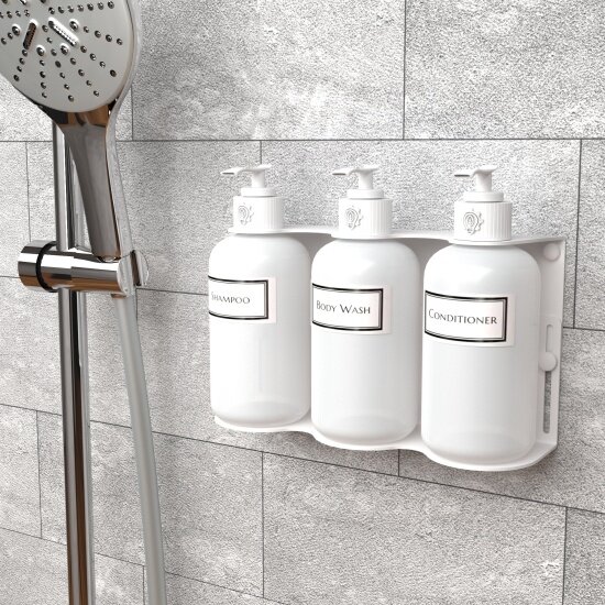 Антивандальный держатель дозатора Embodiment для жидкого мыла и шампуней, настенный с антикоррозийном покрытием, на три флакона, белый