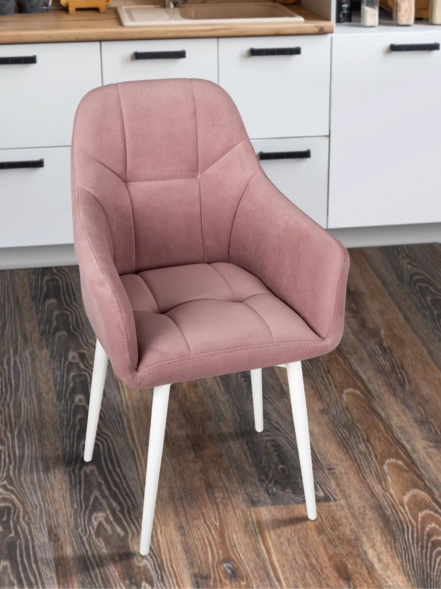 Стул мягкий для комнаты с подлокотниками и спинкой 1 шт, цвет розовый с белыми ножками, "Ваш Стул"