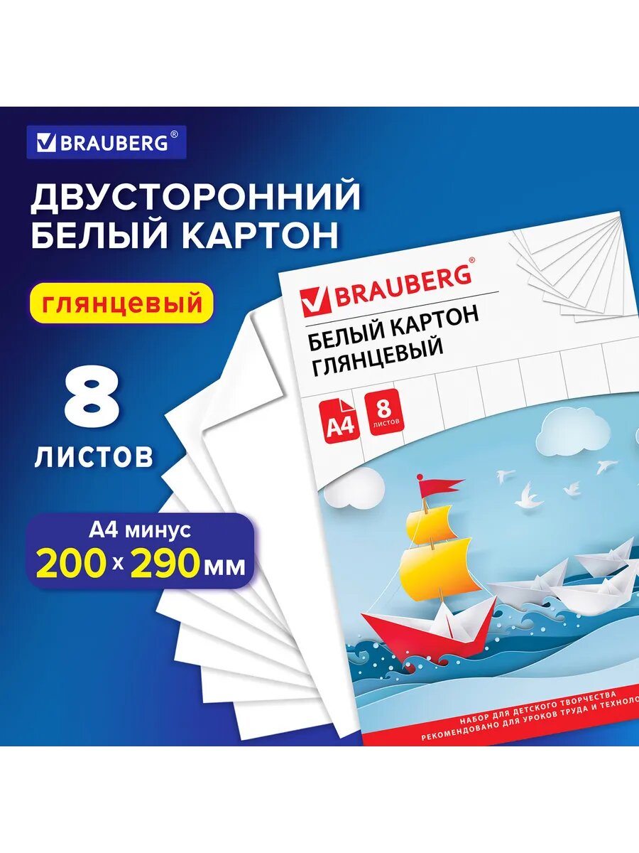 Картон белый А4 мелованный, 8 листов, в папке.