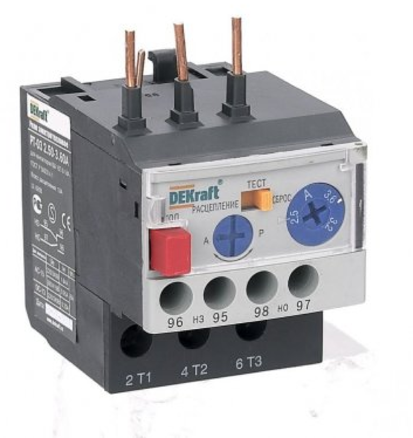 Реле электротепловое DEKraft / ДеКрафт РТ-03 перегрузки, пластиковый корпус, черный, 69х46х73мм, класс 10А, 9-12А для контактов КМ-103 9-18А, 23115DEK / электрика
