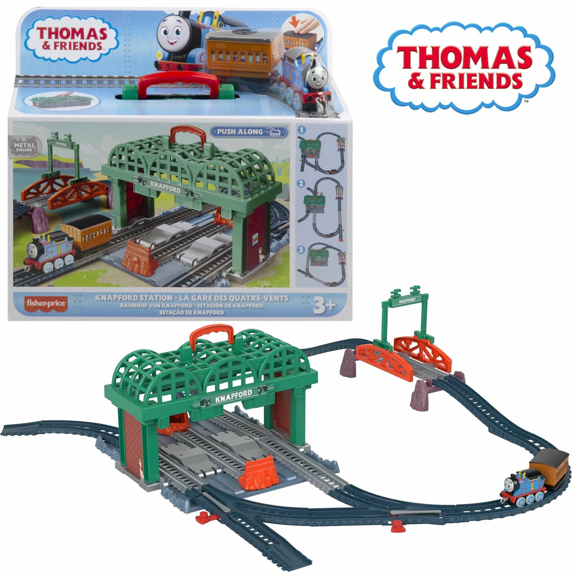 Thomas & Friends, Станция Кнепфорд, трек и литье под давлением, набор поездов, игровой набор 2-в-1 и футляр для хранения -kpa