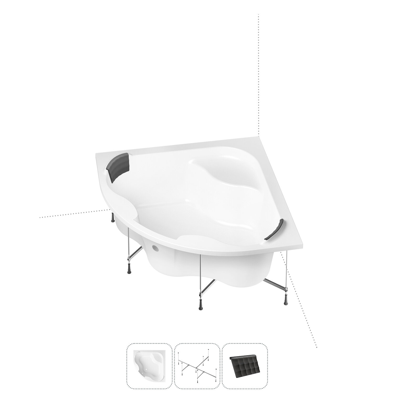 Угловая ванна акриловая 150 x 150 с каркасом Lavinia Boho Aveo S1-3704015P в наборе 3 в 1: акриловая ванна, каркас, подголовник 2 шт.