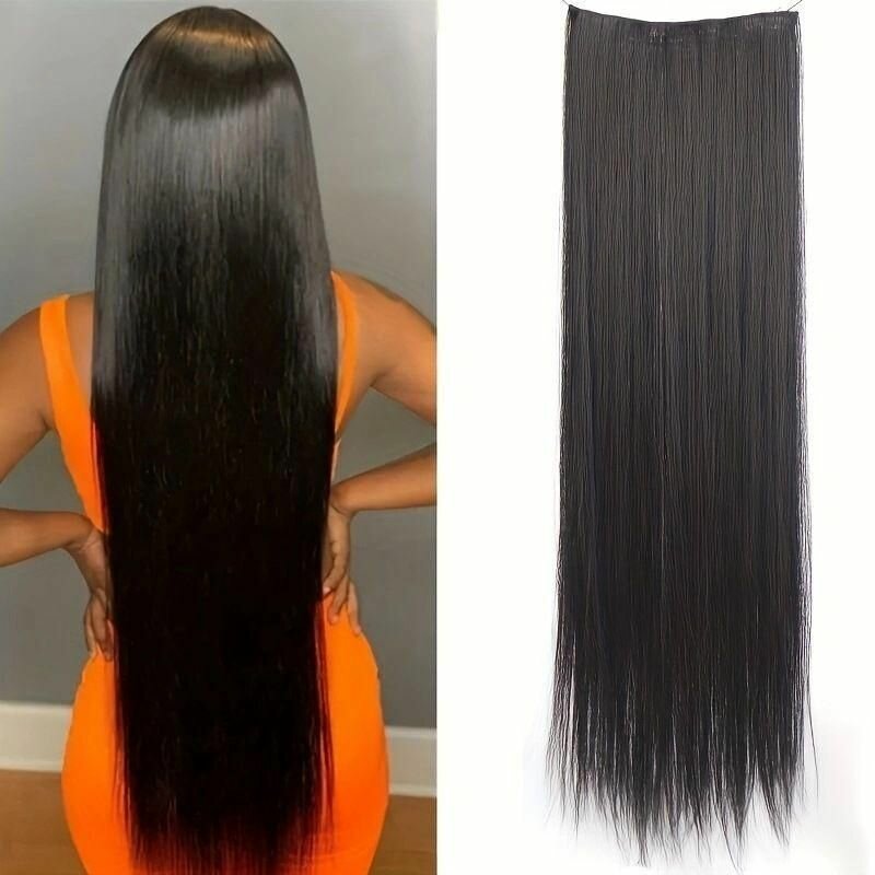 Широкая прядь-хвост, волосы накладные на заколках, прямые 80 см, Чёрный