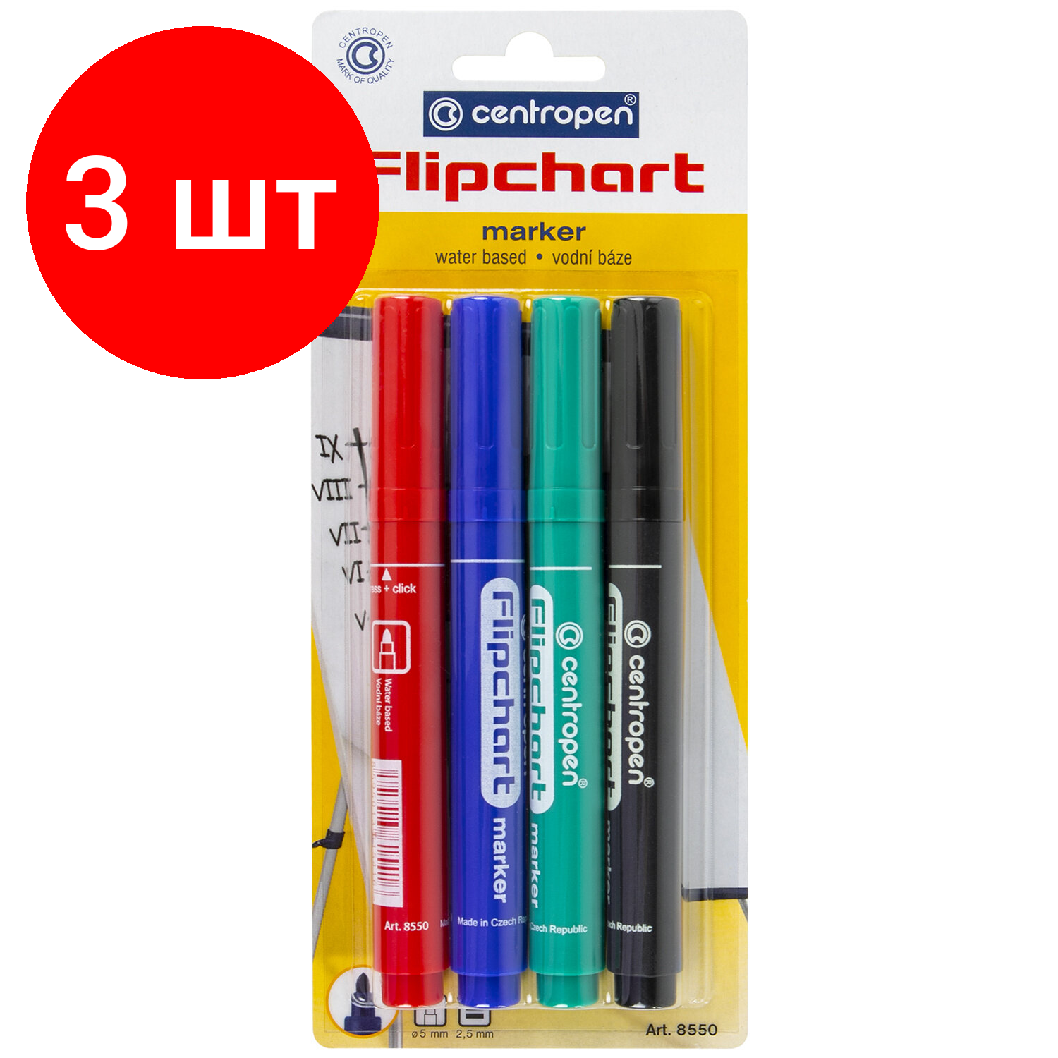 Комплект 3 шт, Маркеры для флипчарта набор 4 цвета CENTROPEN, непропитывающие круглый наконечник, 2.5 мм, 8550/4, 5 8550 0402