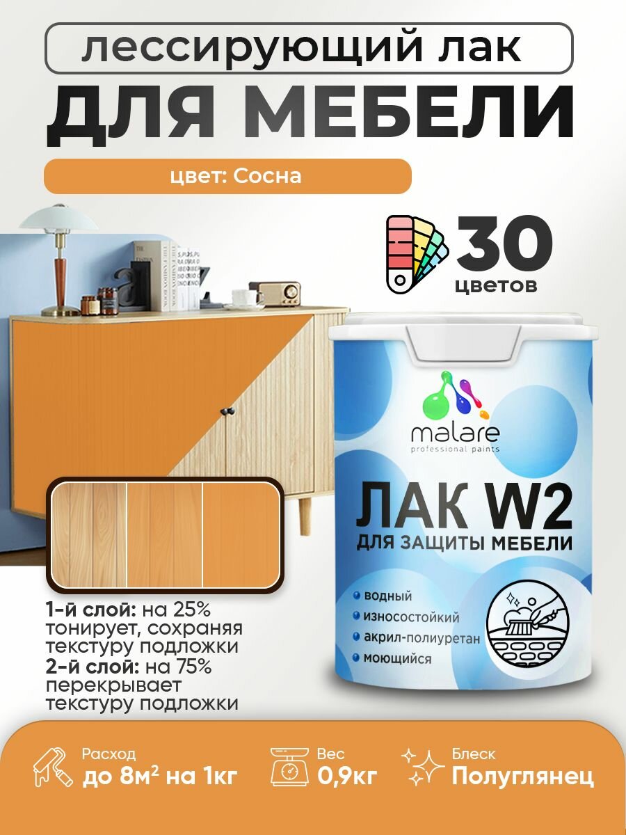 Лак колерованный тонирующий лак для мебели Malare W2 для кухонных фасадов, для дерева и минеральных поверхностей, акриловый быстросохнущий без запаха, полуглянцевый, сосна, 0.9 кг.