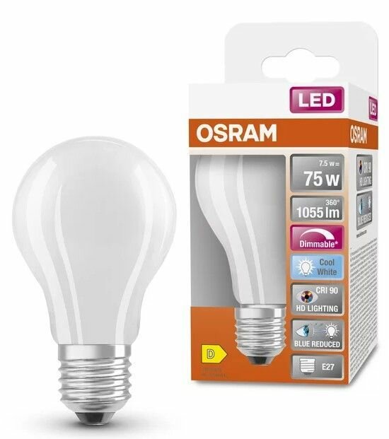 5шт/уп. Лампа LED Груша 7.5W 230V E27 1055Лм 4000К Угол 320 град. D-60mm L-105mm. Лампа Филамент. Диммируемая Свет Дневной белый OSRAM, уп. 5шт