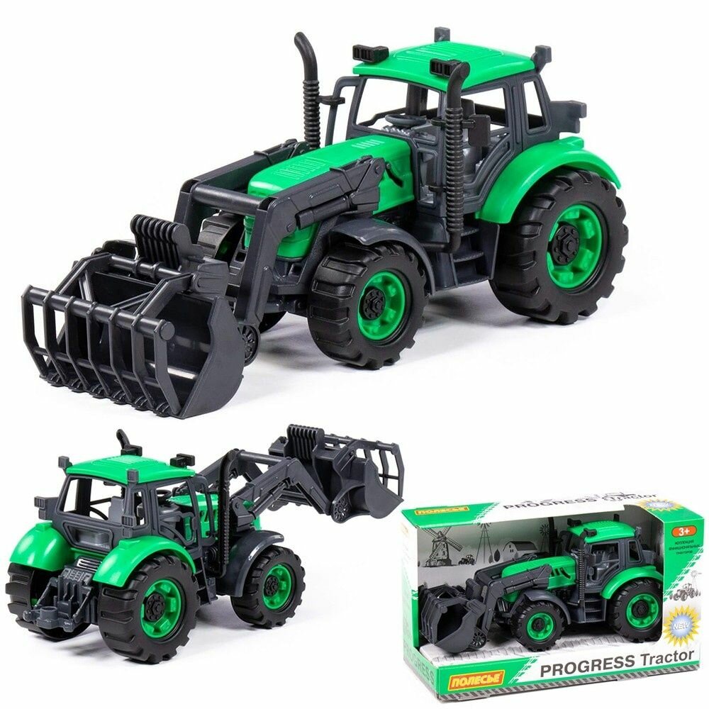 Трактор-погрузчик Полесье Прогресс, зеленый, в коробке инерционный (91741)