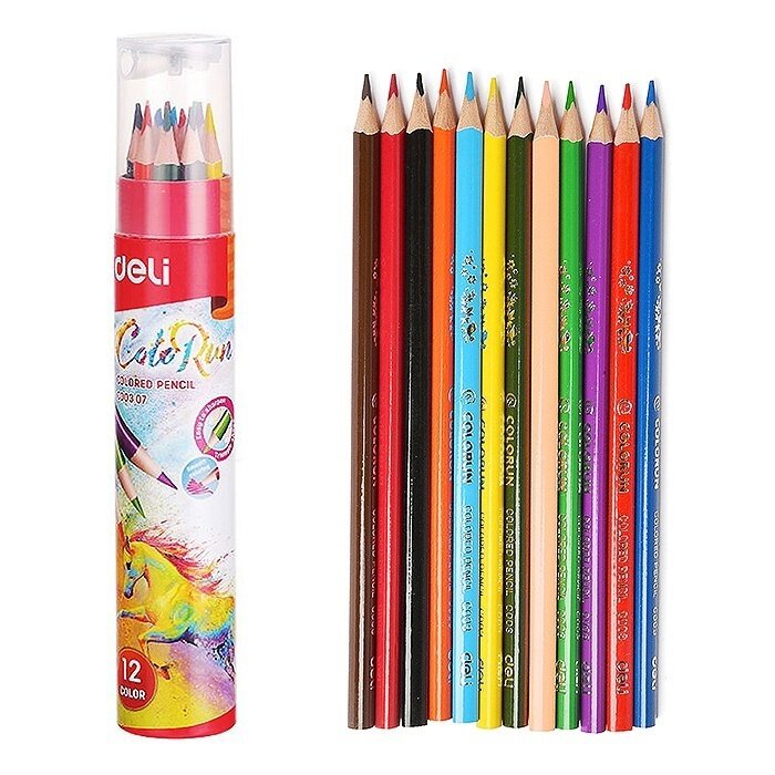 Карандаши цветные Deli 12 цветов, трехгранные, тополь, точилка, в картонном тубусе (EC00307)