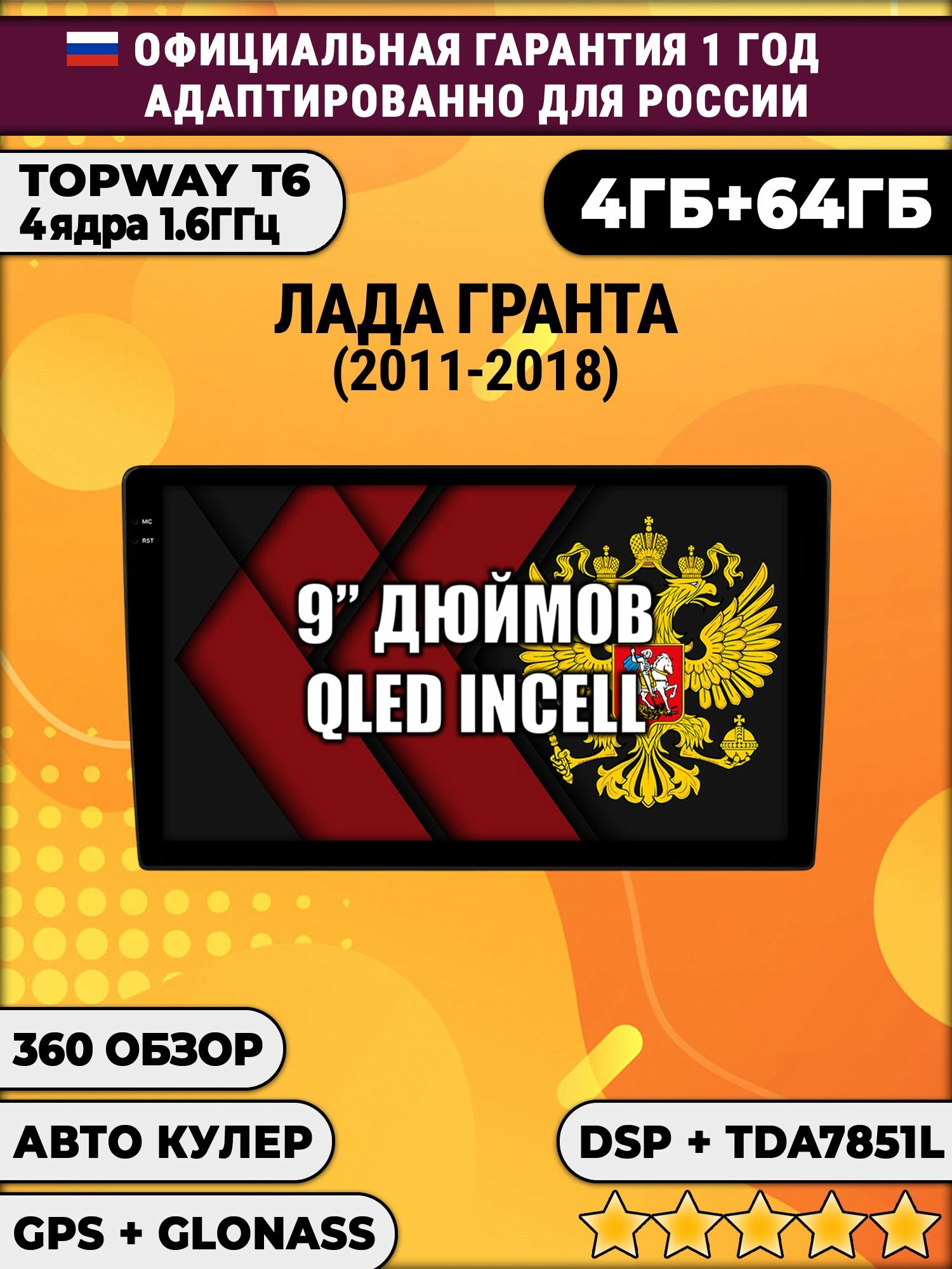 4гб+64гб с DSP для лада гранта (2011-2018), LADA GRANTA, Android магнитола, без слота под симку, усилитель звука TDA7851 и поддержка 360 камер