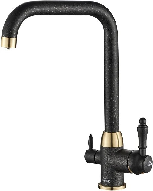 Смеситель для кухни Steel Hammer SH 725 BLACK BR с краном для питьевой воды, с поворотным изливом, бронзовый, черный, матовый, однорычажный, латунный, с керамическим картриджем