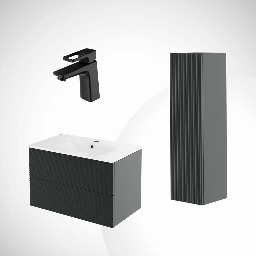 Комплект IDDIS 4в1: тумба подвесная с умывальником Bild 80 см / пенал Bild / смеситель для умывальника