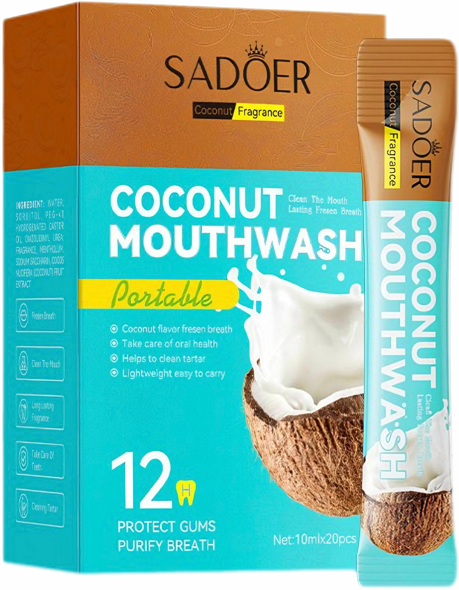 SADOER Ополаскиватель для полости рта Кокос 20 штук по 10 мл.