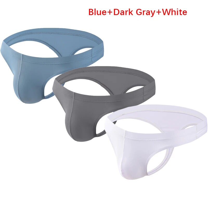 3 шт./лот, мужские трусики-стринги с большой сумкой, нижнее белье из ледяного шелка, сексуальные трусы со средней посадкой, бандаж с выпуклостью и Т-образной спинкой, трусы-бикини Танга