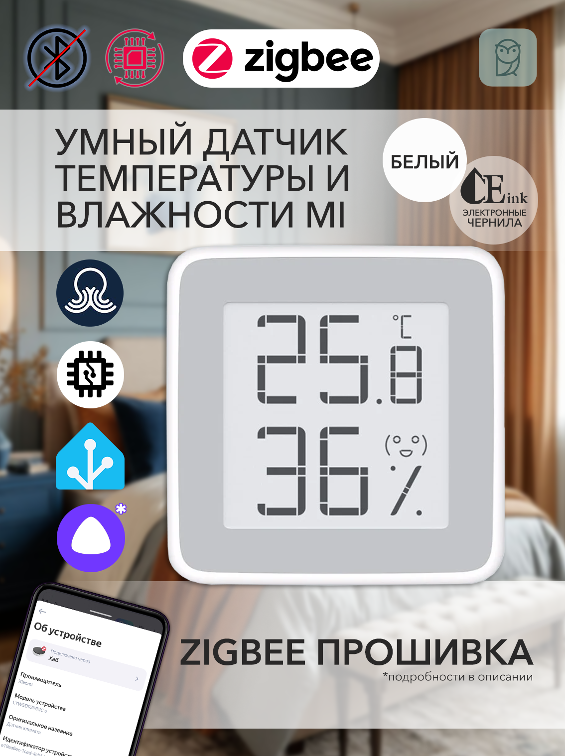 Zigbee датчик температуры и влажности на базе климатической станции MHO-C401 (Белый) для Яндекс Станций c Zigbee и Home Assistant