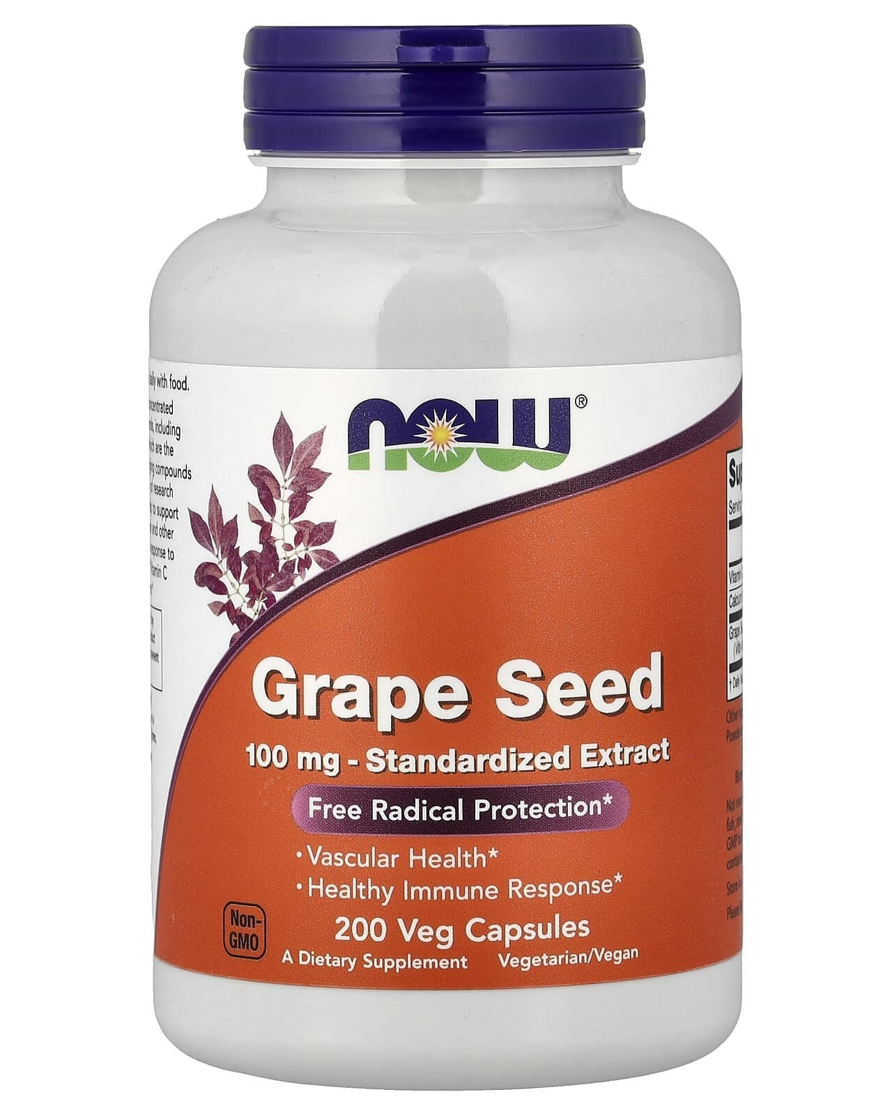 NOW Foods Grape Seed, Виноградная косточка 100 мг 200 вегетарианских капсул