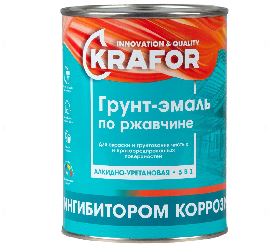 Грунт-эмаль Krafor по ржавчине, алкидно-уретановая, черная, 1 кг