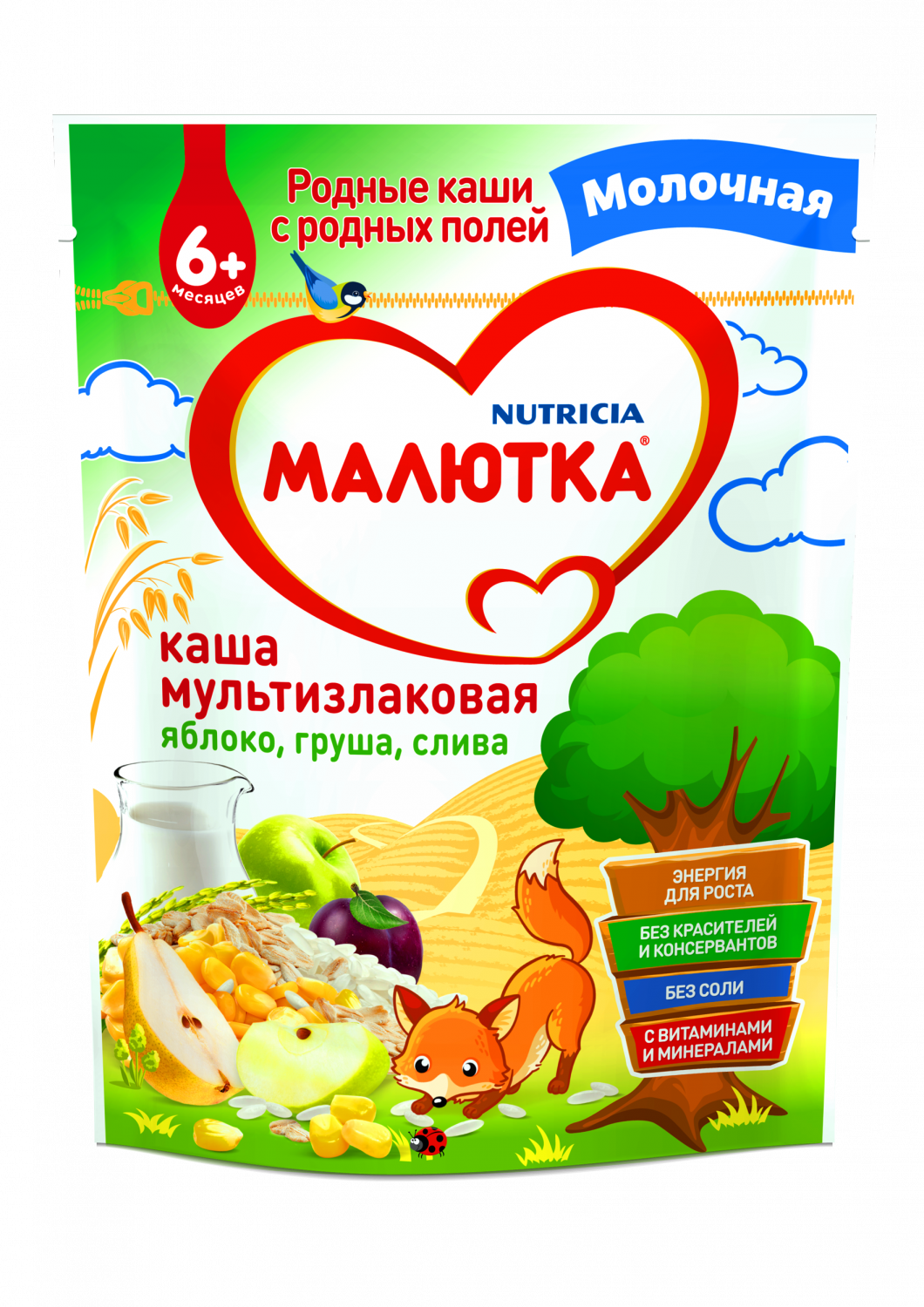 Малютка Каша Мультизлаковая с Яблоком Грушей и Сливой с Молоком {с 6 мес} Doy Pack 220г.