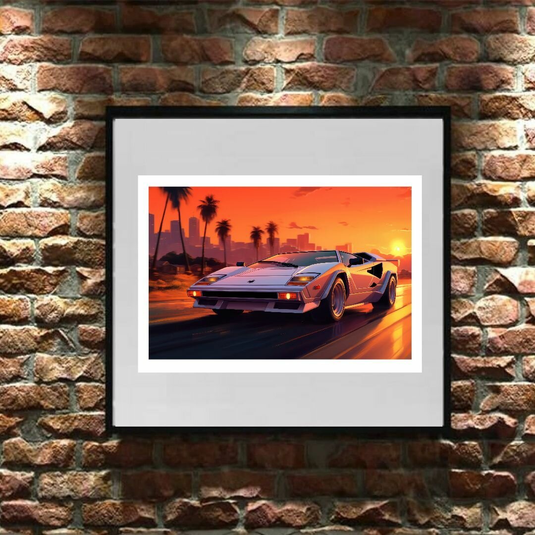 Плакат "lamborghini sunset glow retro" от Cool Eshe из коллекции "Автомобили", плакат А4