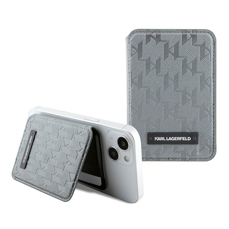 Karl Lagerfeld магнитный бумажник-подставка, иск. кожа Saffiano Monogram серебристый (MagSafe)