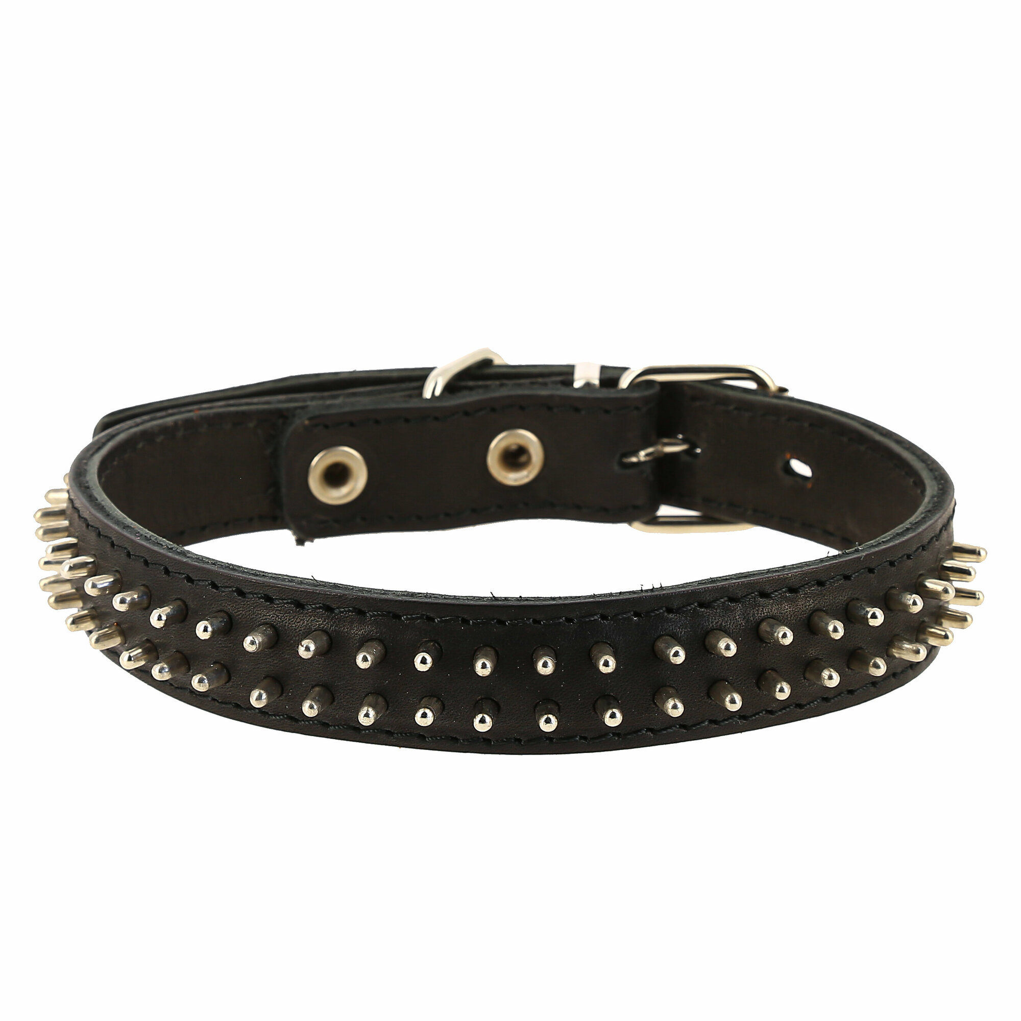 Каскад ошейник кожаный двойной с шипами-ёж 50-59 см, черный/коричневый