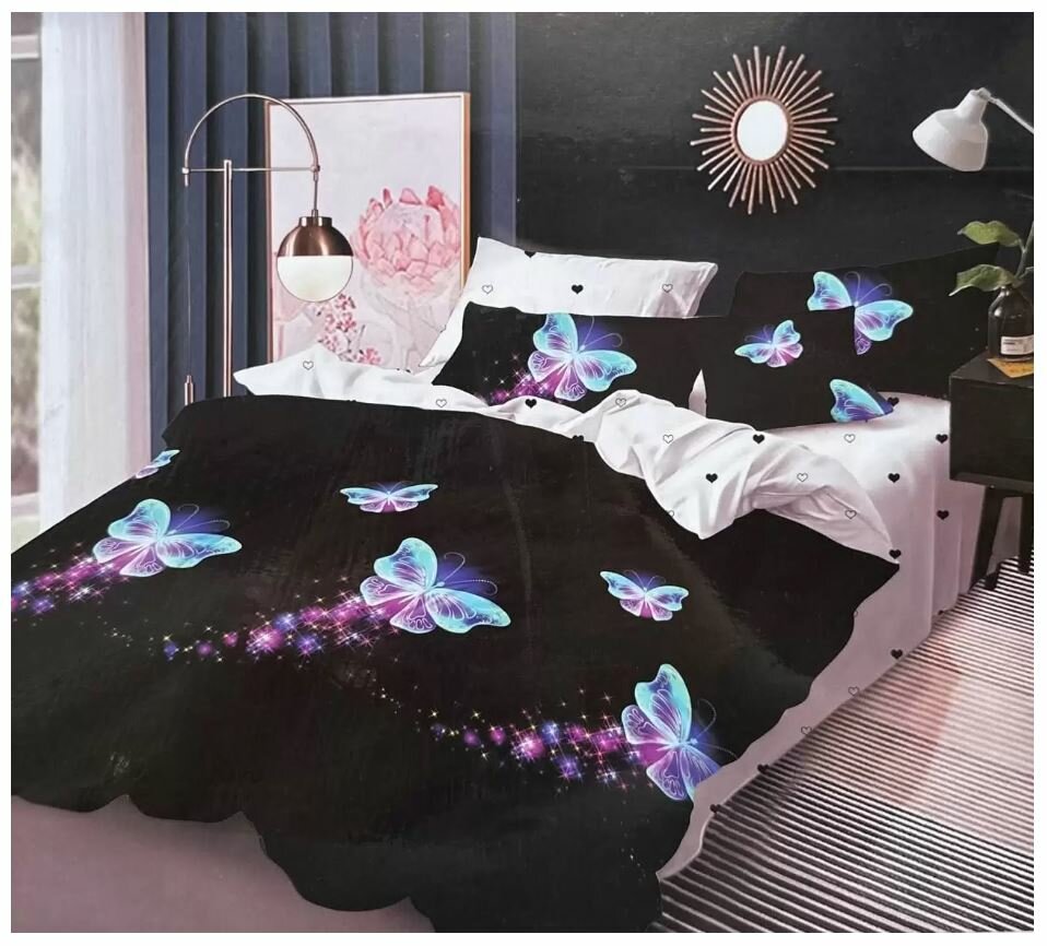 Комплект постельного белья 1.5-спальное – Бабочки/ Полуторный / пододеяльник 150x220 см. /простыня на резинке 90x220 см./ наволочки - 70x70 см. 2 шт.