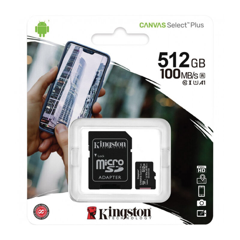 Карта памяти micro SDXC 512Gb Kingston Canvas Select Plus UHS-I U3 V30 A1 + ADP (100/85 Mb/s)