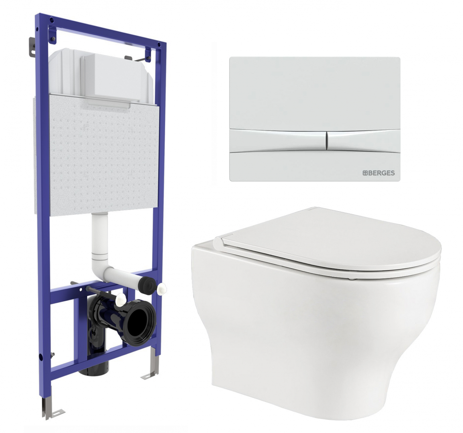 Комплект 3 в 1 инсталляция Berges Wasserhaus Novum 040250 + Подвесной унитаз WeltWasser Erlenbach 004 GL-WT + кнопка белая