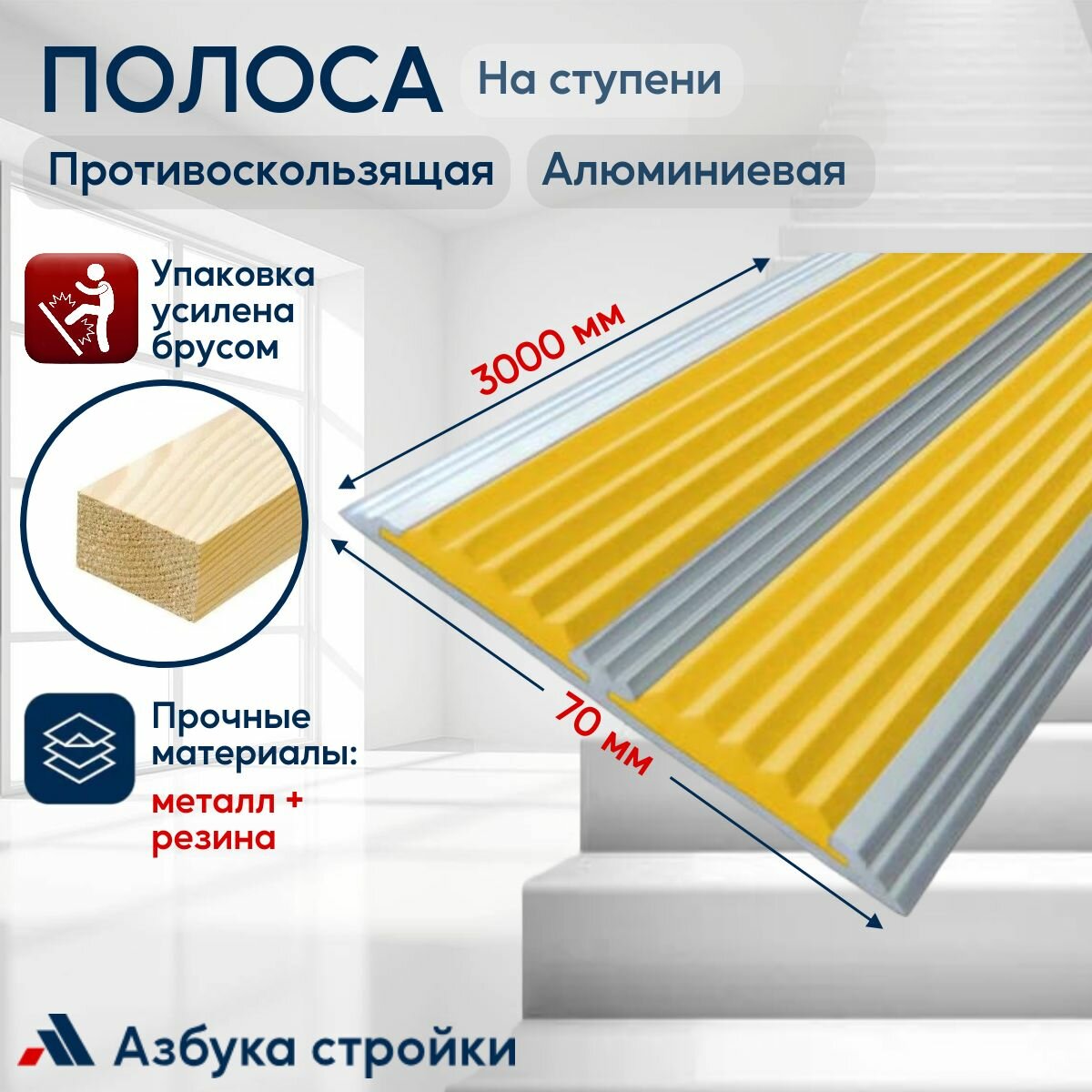 Полоса противоскользящая алюминиевая накладка на ступени с двумя вставками 70мм, 3м, желтый
