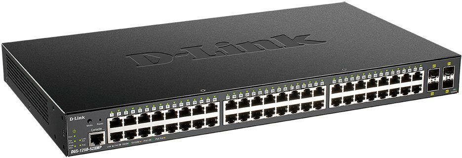 D-Link DGS-1250-52XMP/A1A, L2 Smart Switch with 48 10/100/1000Base-T ports and 4 10GBase-X SFP+ ports (48 PoE ports 802.3af/802.3at (30 W), PoE Budget 370W).16K Mac address, 802.3x Flow Control, 4K