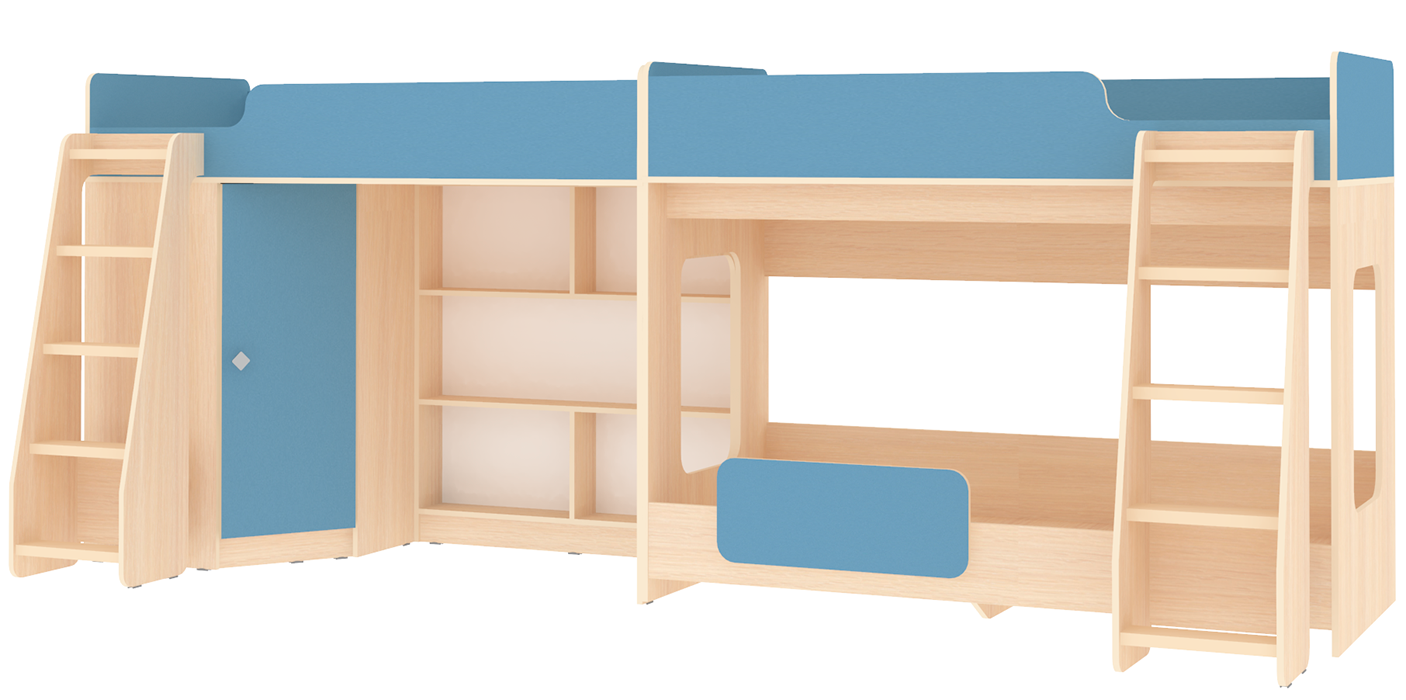 Трехъярусная кровать Л 42.4.3 Дуб молочный - Светло Синий/Голубой