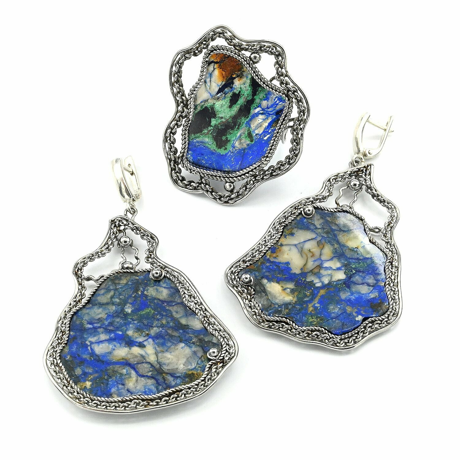 Комплект бижутерии: серьги, кольцо, лазурит, малахит