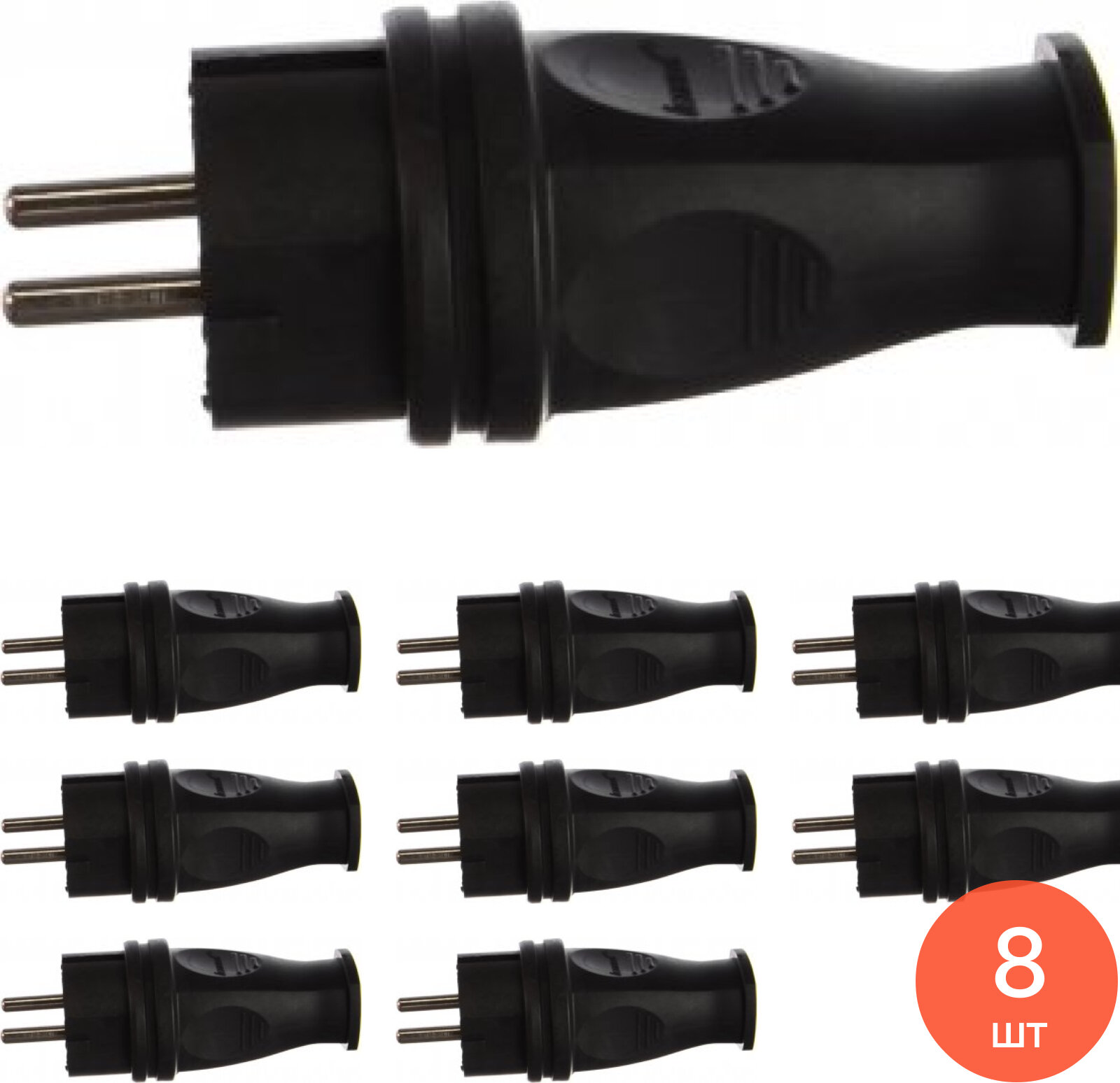 Вилка силовая кабельная Lezard / Лезард однофазная прямая из каучука, черная, 2Р+РЕ 1х16А 220-240V, IP44 / электрика (комплект из 8 шт)