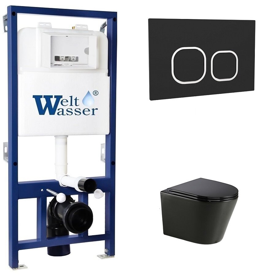 Унитаз с инсталляцией WeltWasser BAMBERG 525+SALZBACH 043 GL-BL+BAMBERG BL черный/кнопка черная, безободковый, с крышкой микролифт, слив торнадо