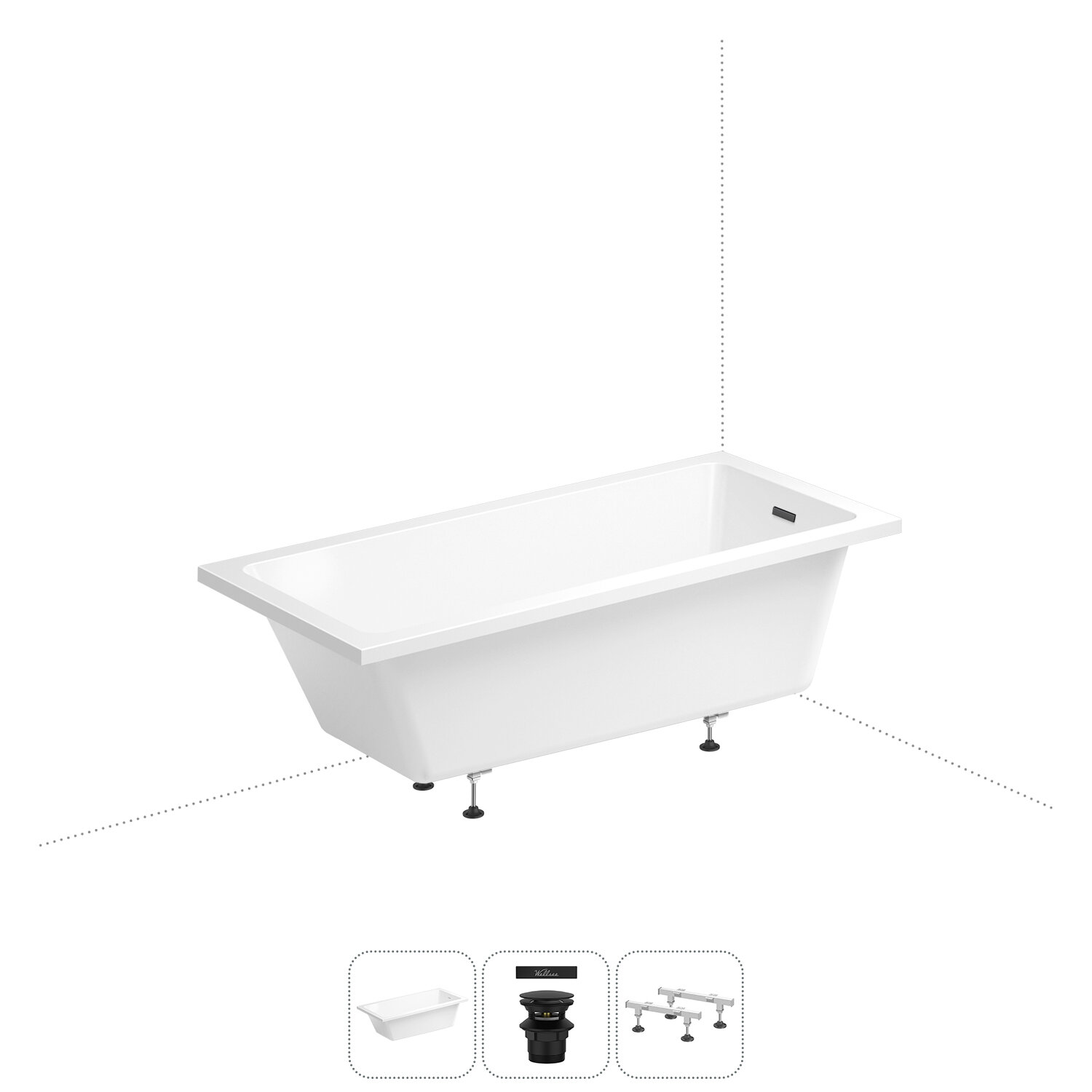 Акриловая ванна 165х80 Wellsee FreeDom 2.0 20212800R в наборе 3 в 1: ванна акриловая 165 х 80 см в цвете белый глянец, слив-перелив матовый черный, ножки