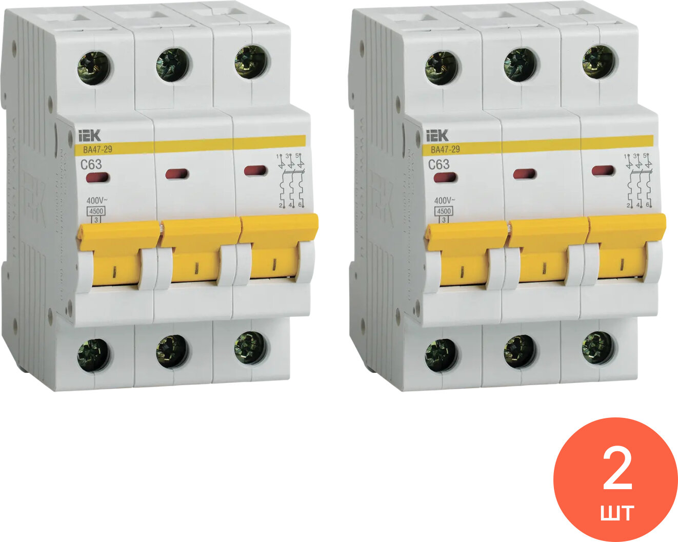 Автоматический выключатель IEK / ИЭК ВА47-29, 3Р 63А характеристика С 4.5кА, MVA20-3-063-C / электроавтомат (комплект из 2 шт)