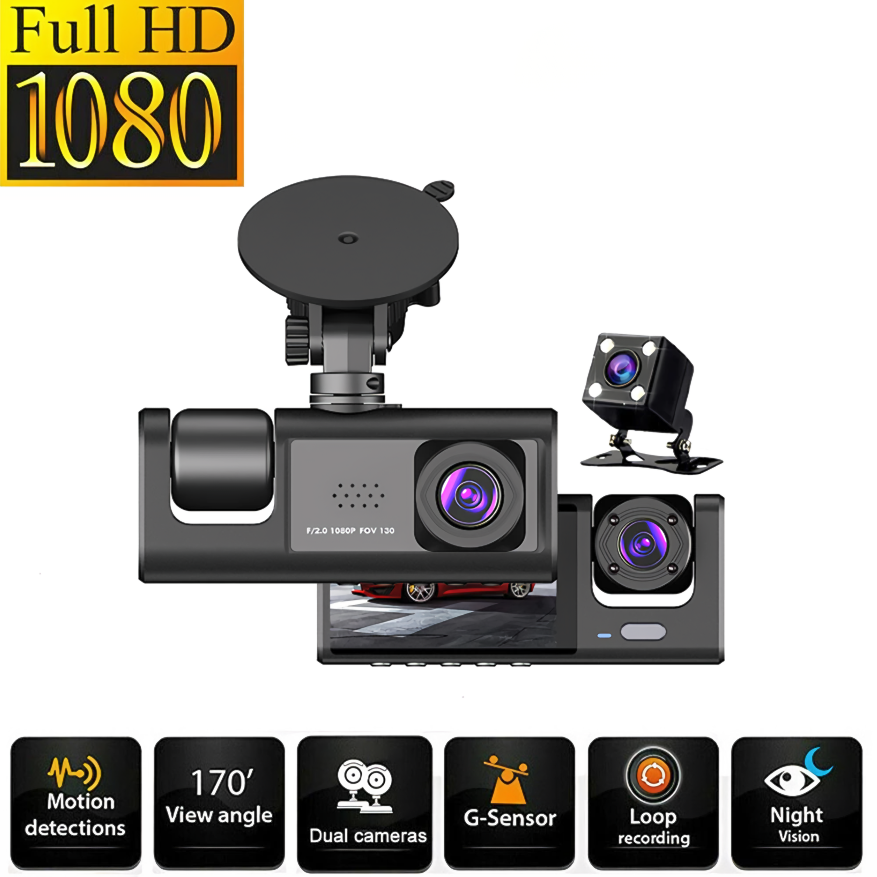 Автомобильный видеорегистратор с 3 камерами / Основная камера + Фронтальная камера салона + Камера заднего вида для парковки / Датчик удара G-Sensor / HDR