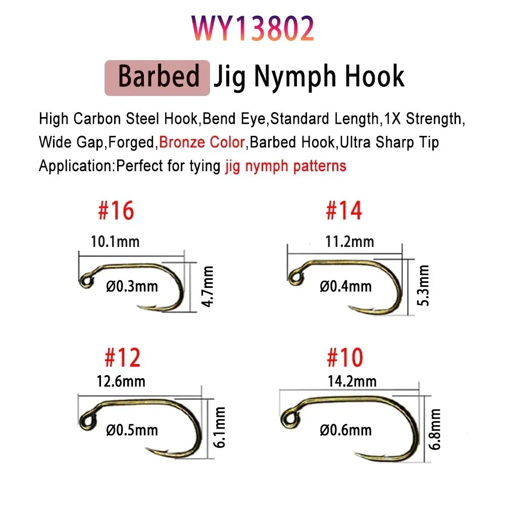 Vampfly WY13802 Jig Nymph Hook Size 16, 50pcs