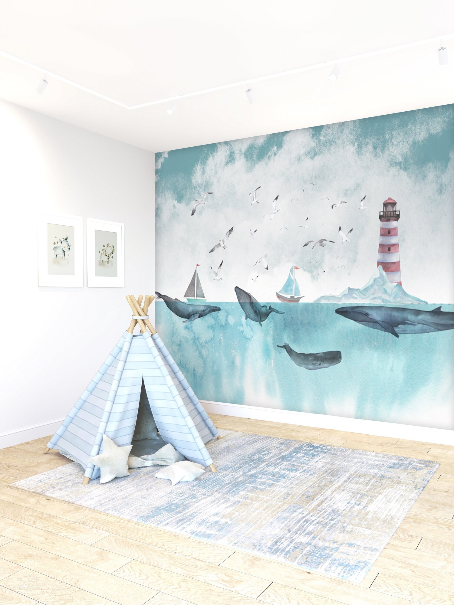 Фотообои детские 300 х 270 см "Киты" / обои в детскую комнату, мальчику, девочке